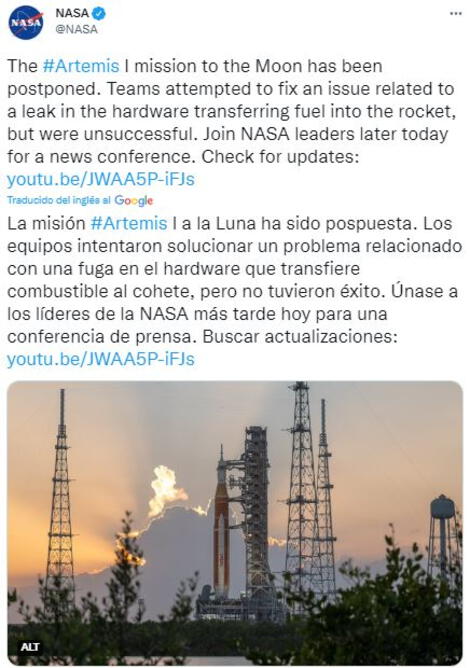 NASA volvió a suspender el lanzamiento de la misión Artemis 1 a la Luna por un "problema de fuga ...