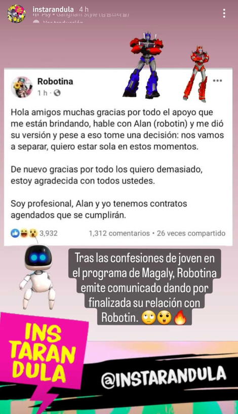 Robotina en Instagram anuncia el fin de su relación con Robotín tras infidelidad: "Quiero estar ...