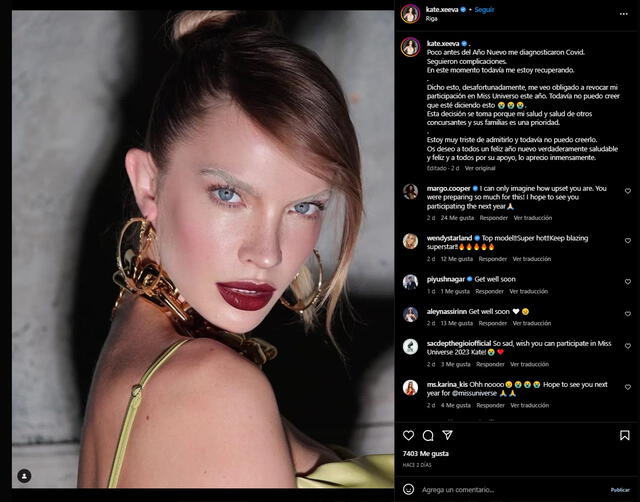 Miss Universo 2022: Miss Letonia Kate Alexeeva en Instagram se retira ...
